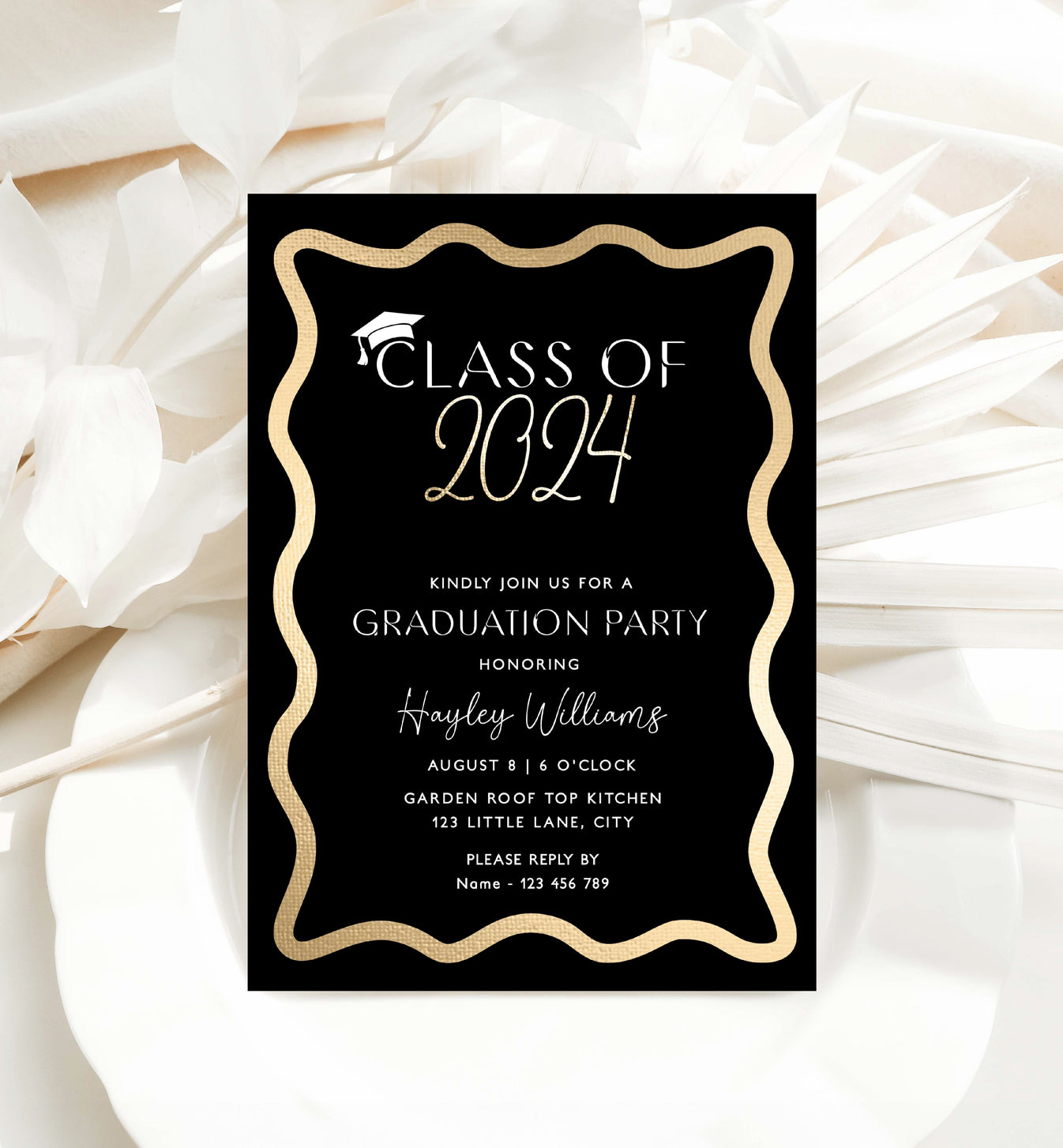 Wave Black Gold | Printable Graduation Invitation Template – Black Bow ...