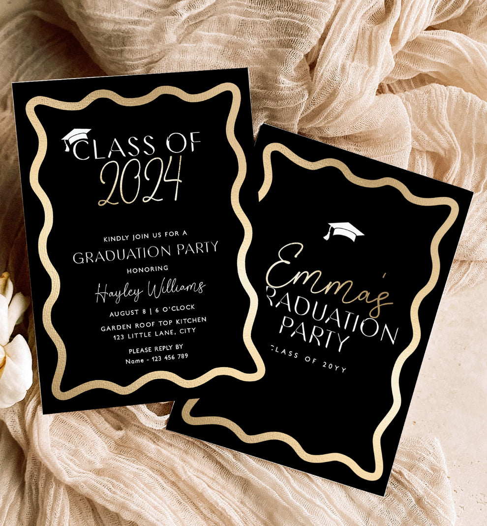 Wave Black Gold | Printable Graduation Invitation Template – Black Bow ...