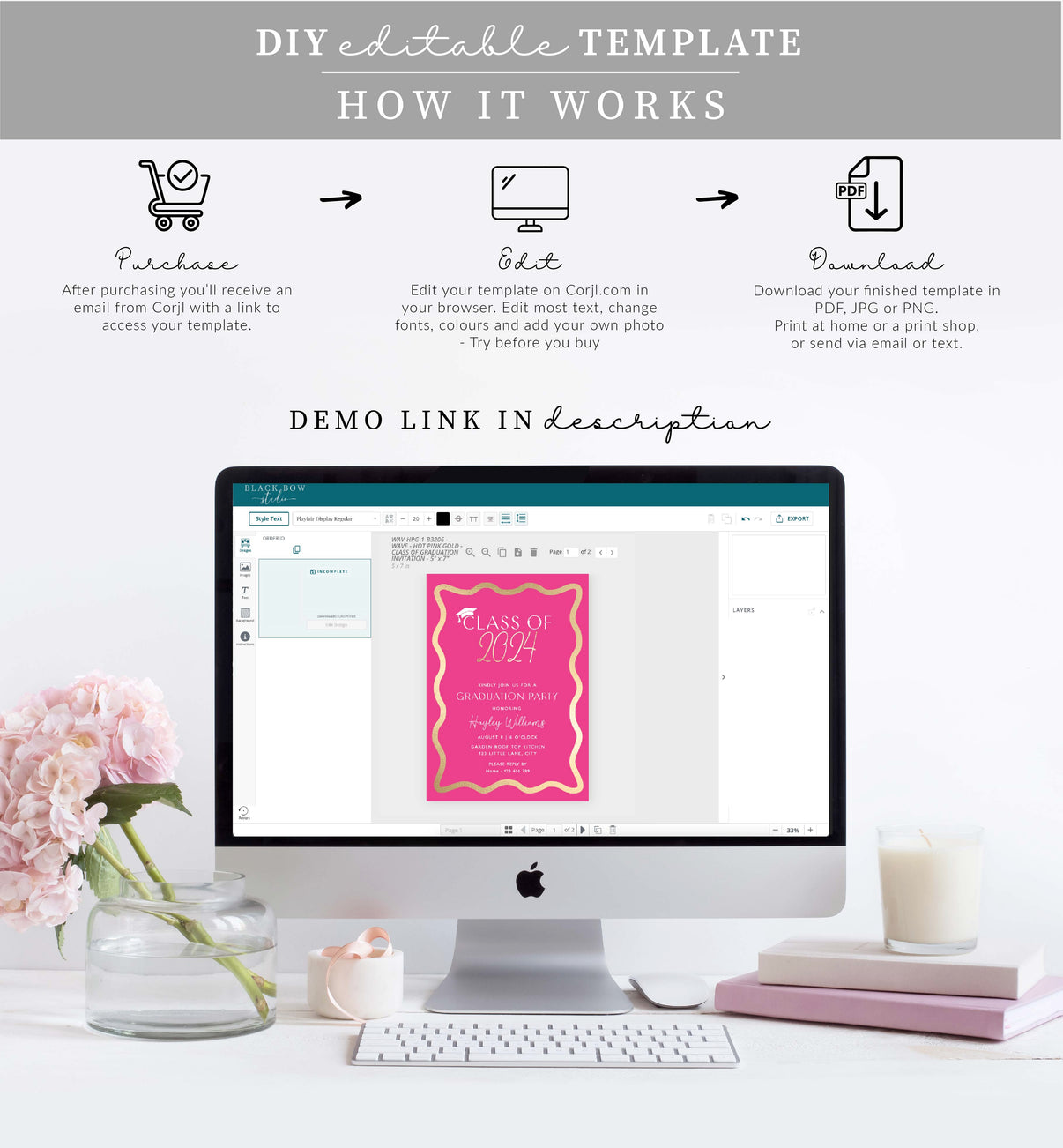 Wave Hot Pink Gold | Printable Graduation Invitation Template – Black ...