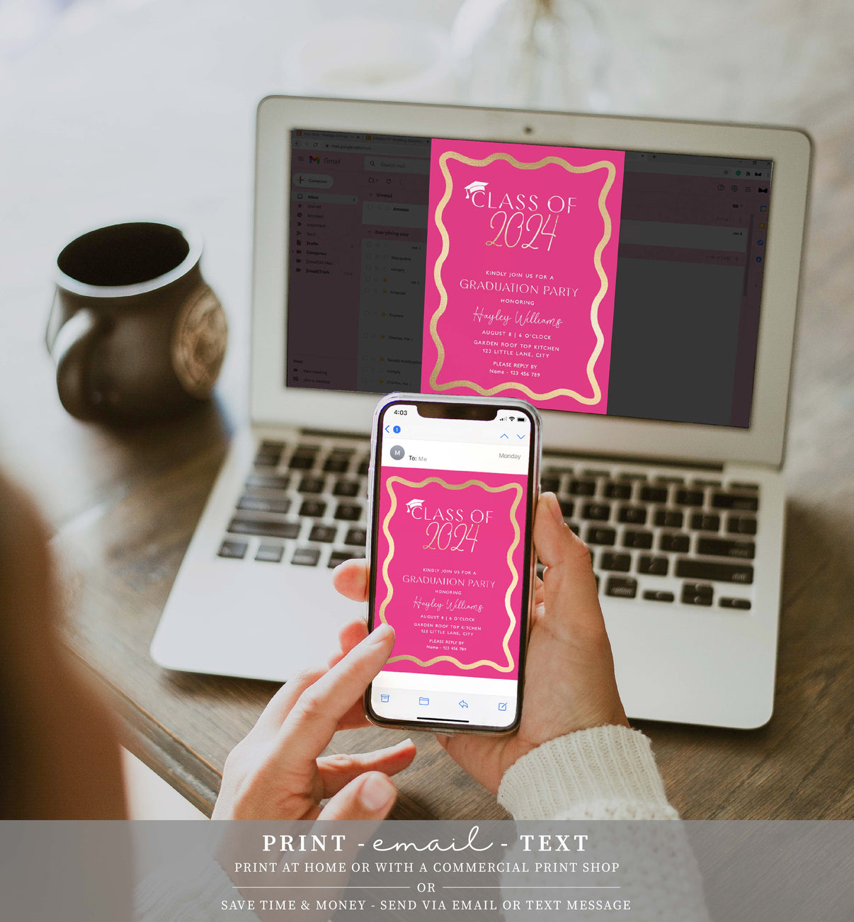 Wave Hot Pink Gold | Printable Graduation Invitation Template – Black ...