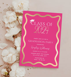 Wave Hot Pink Gold | Printable Graduation Invitation Template – Black ...