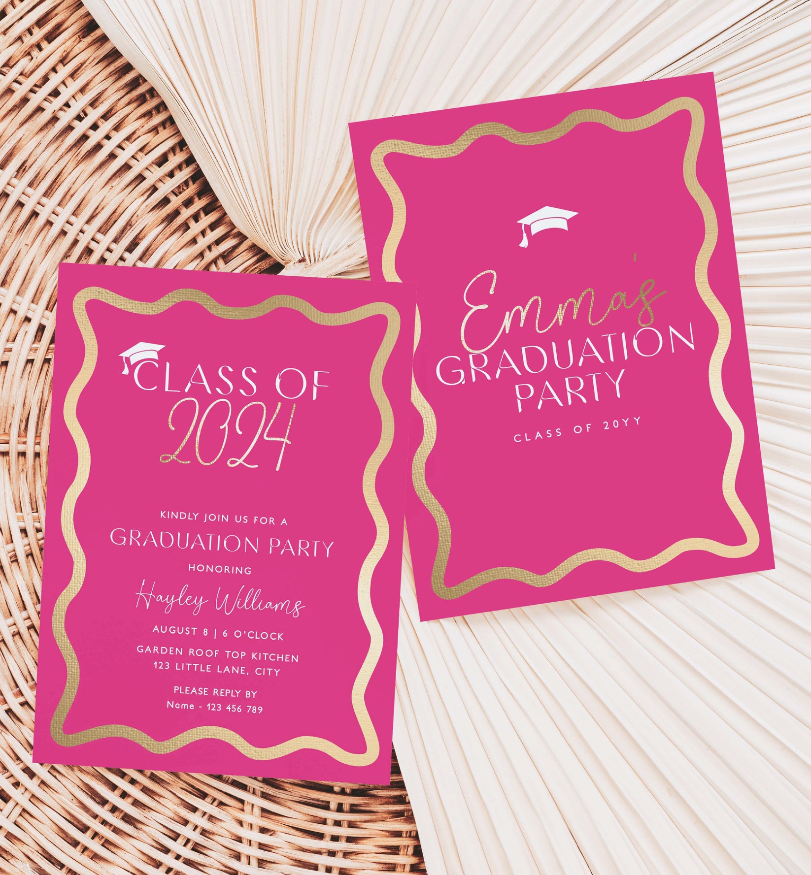 Wave Hot Pink Gold | Printable Graduation Invitation Template – Black ...