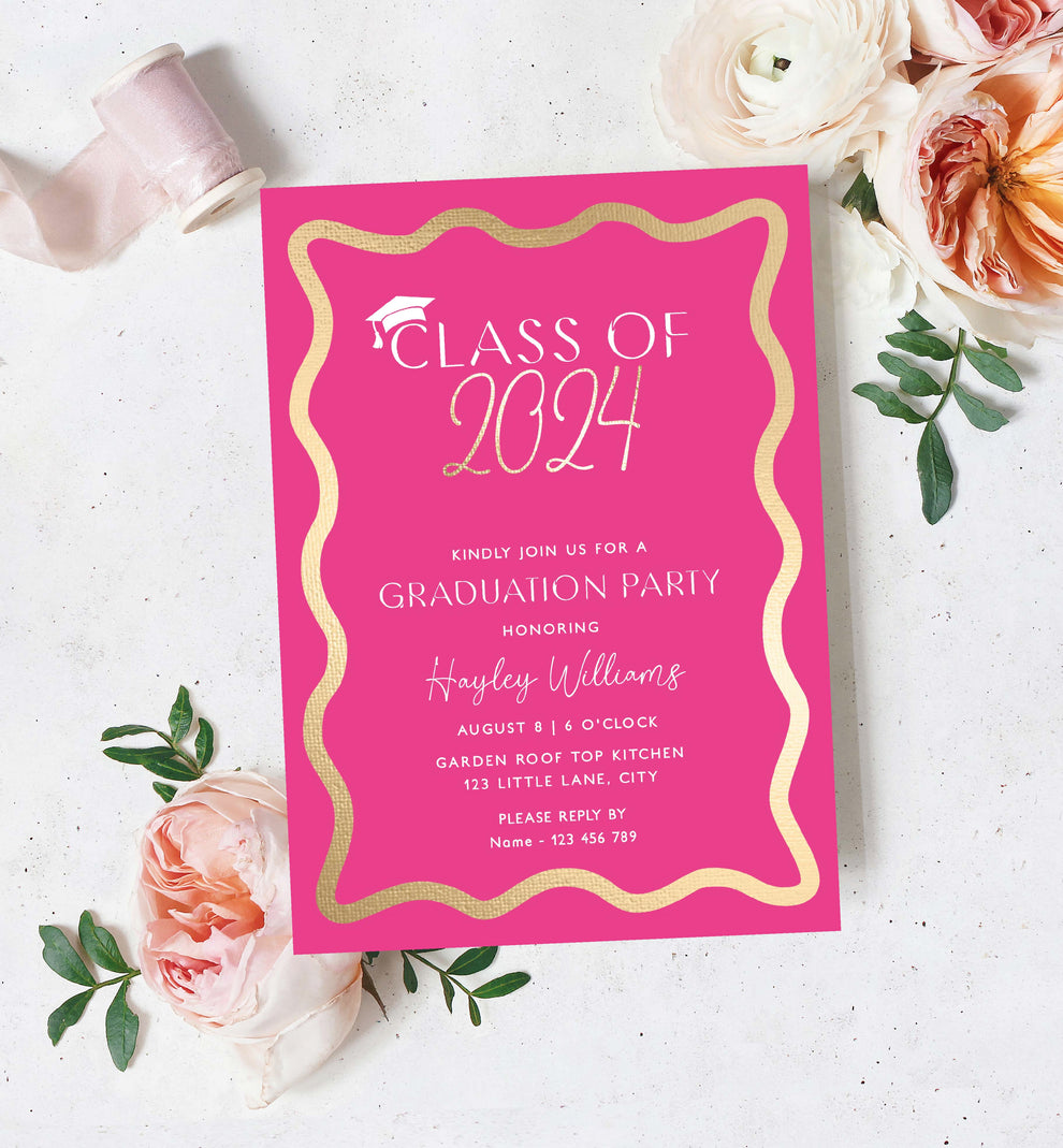 Wave Hot Pink Gold | Printable Graduation Invitation Template – Black ...