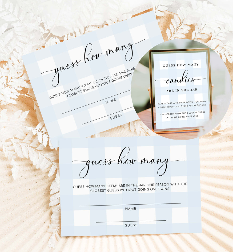 Gingham Blue | Printable Guess How Many Game Sign and Card Template ...