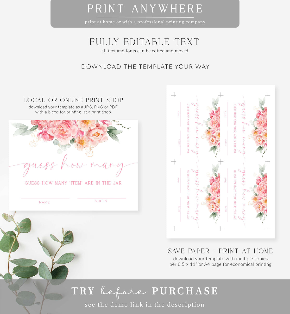 Piper Floral White | Printable Guess How Many Game Sign and Card Templ ...