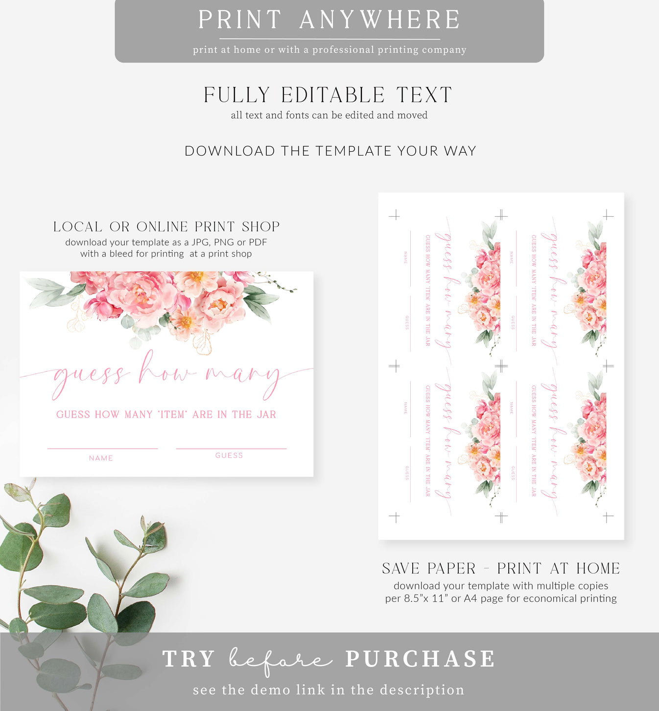 Piper Floral White | Printable Guess How Many Game Sign and Card Templ ...
