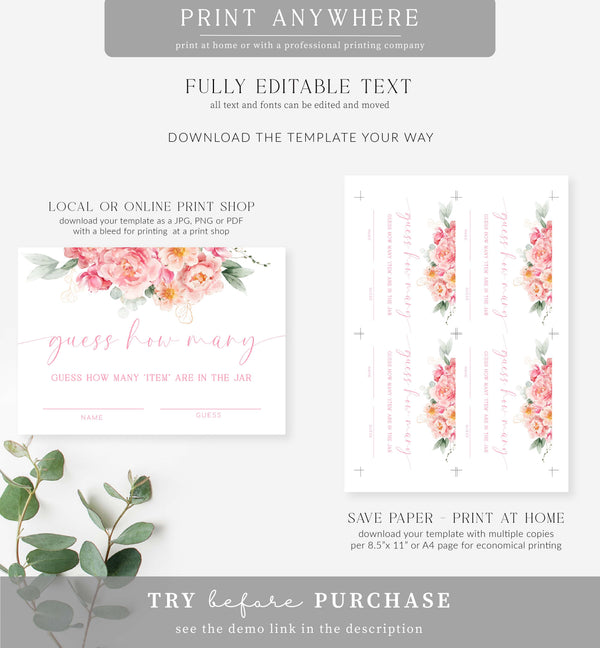 Piper Floral White | Printable Guess How Many Game Sign and Card Templ ...