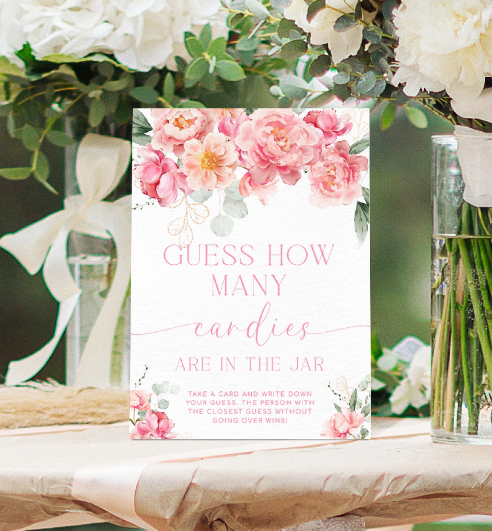 Piper Floral White | Printable Guess How Many Game Sign and Card Templ ...