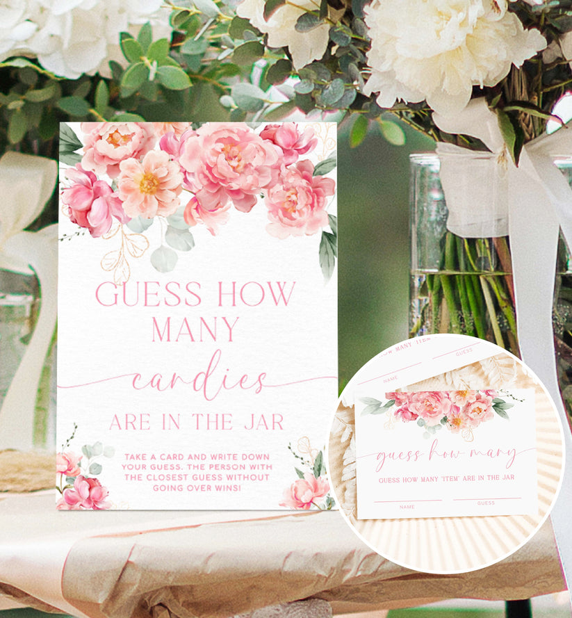 Piper Floral White | Printable Guess How Many Game Sign and Card Templ ...