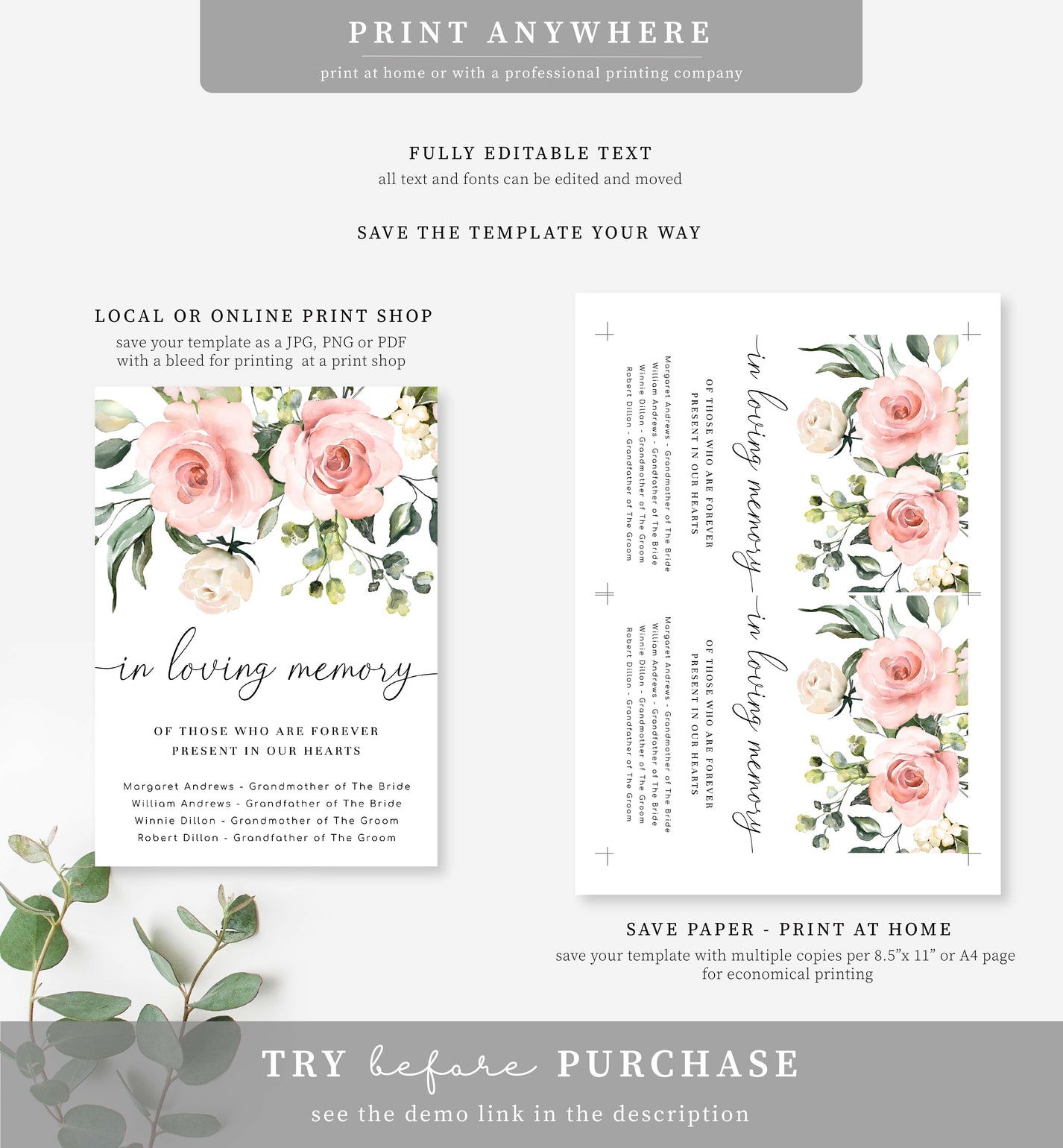 Darcy Floral Pink | Printable In Loving Memory Sign Template – Black ...
