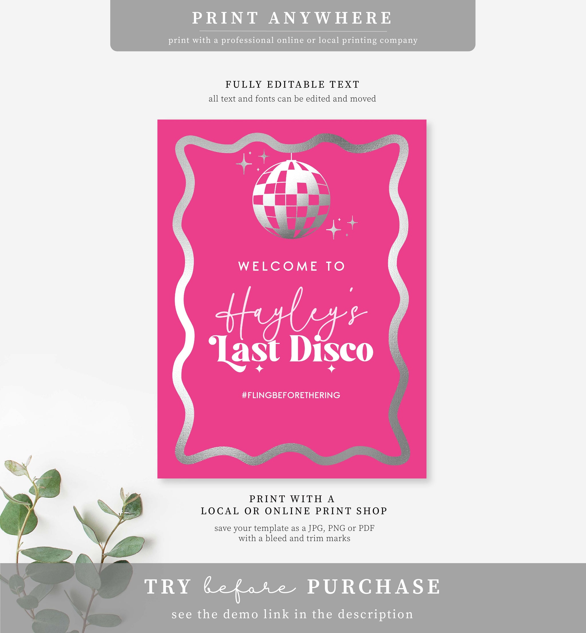 Wave Hot Pink Silver | Printable Last Disco Welcome Sign Template ...