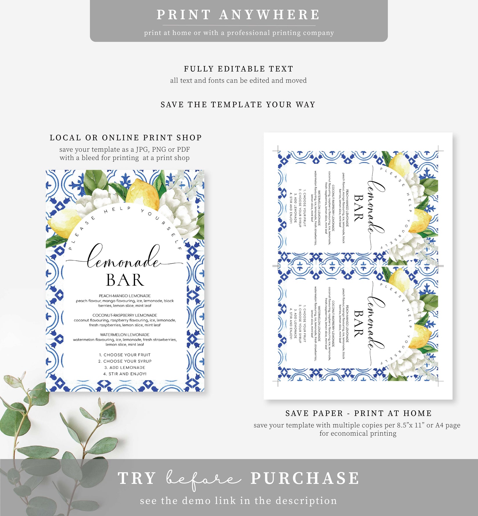 The Med Lemons Arch | Printable Lemonade Bar Sign Template – Black Bow ...