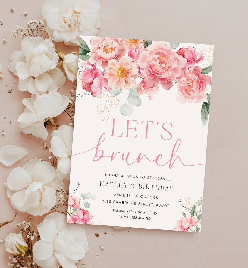 Piper Floral White | Printable Let's Brunch Invitation Template – Black ...