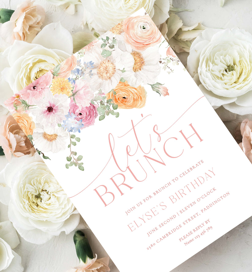 Millie Floral White | Printable Let's Brunch Invitation Template ...
