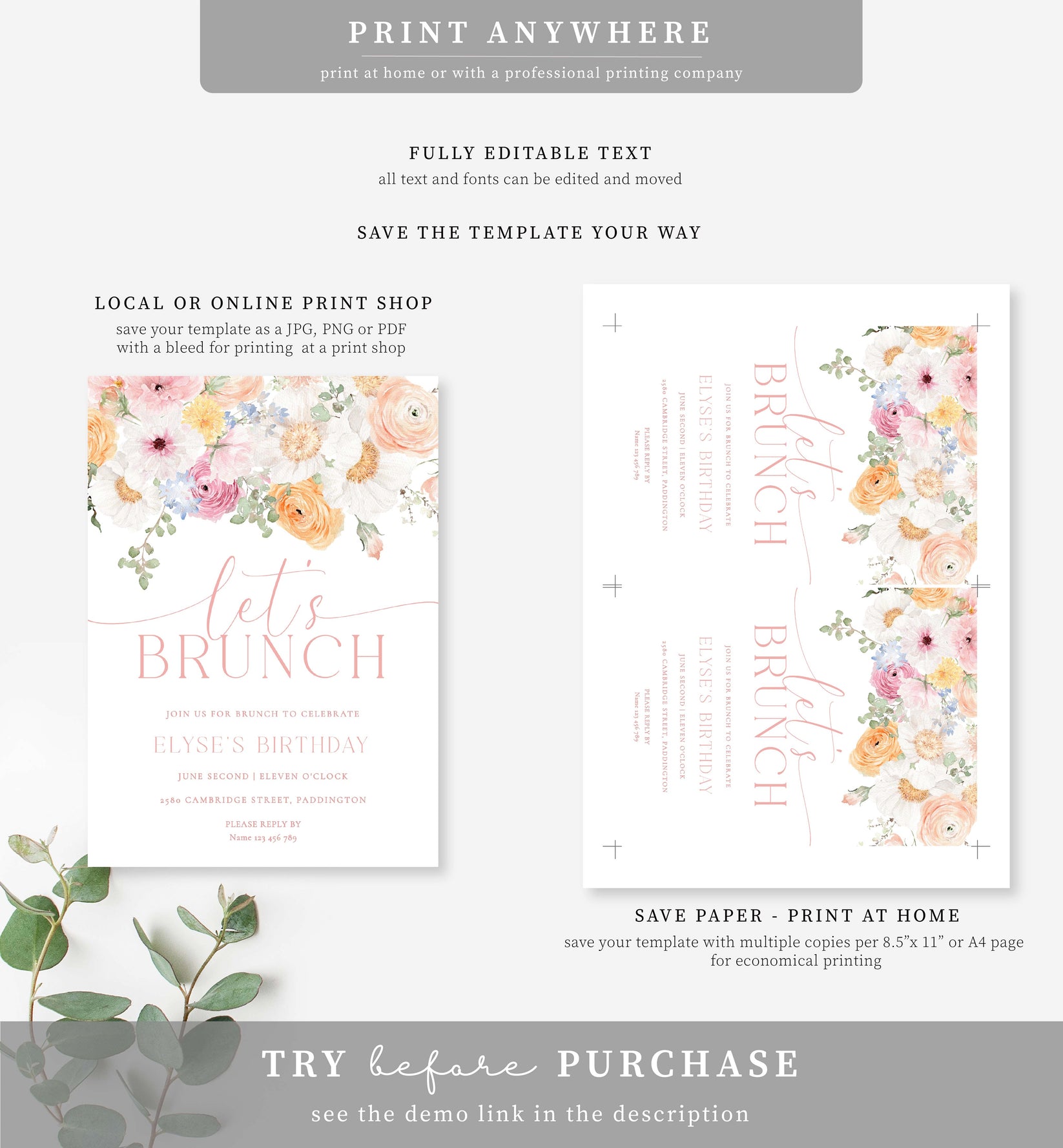 Millie Floral White | Printable Let's Brunch Invitation Template ...