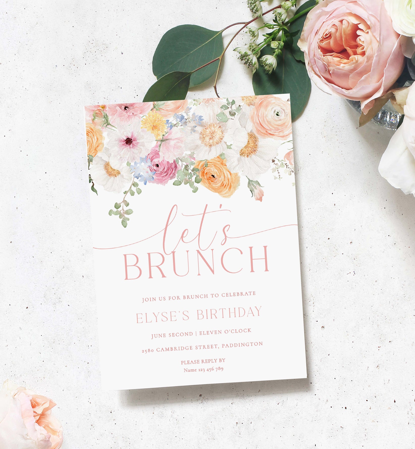 Millie Floral White | Printable Let's Brunch Invitation Template ...