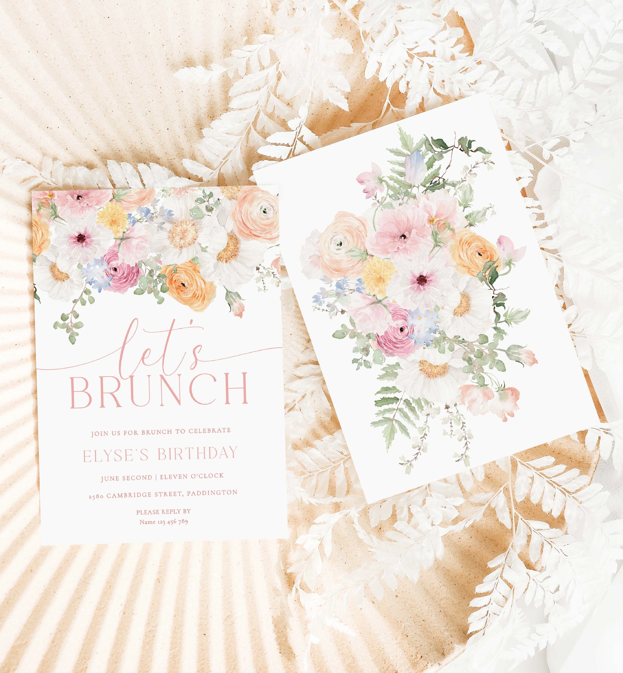 Millie Floral White | Printable Let's Brunch Invitation Template ...