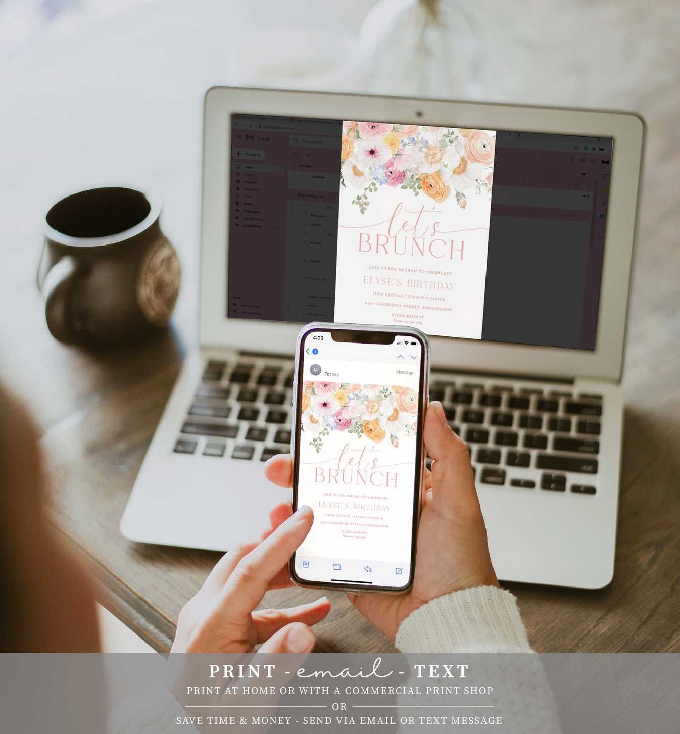 Millie Floral White | Printable Let's Brunch Invitation Template ...