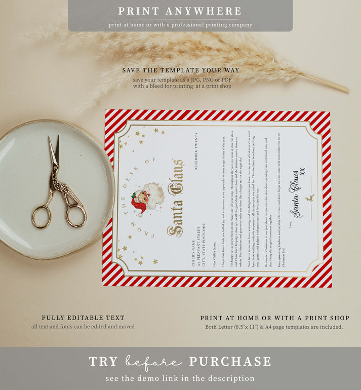 Stripe Red | Printable Christmas Letter From Santa Template – Black Bow ...