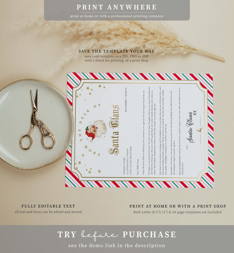 Stripe Pink Multi | Printable Christmas Letter From Santa Template ...