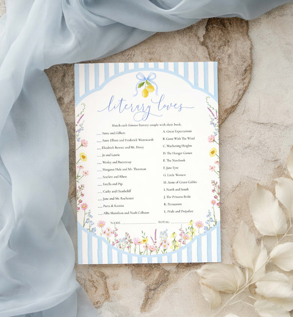 Posey Blue | Printable Literary Loves Game Template – Black Bow Studio