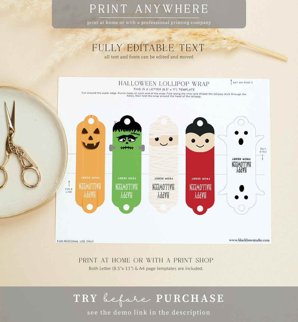 Halloween | Printable Lollipop Tag Template – Black Bow Studio