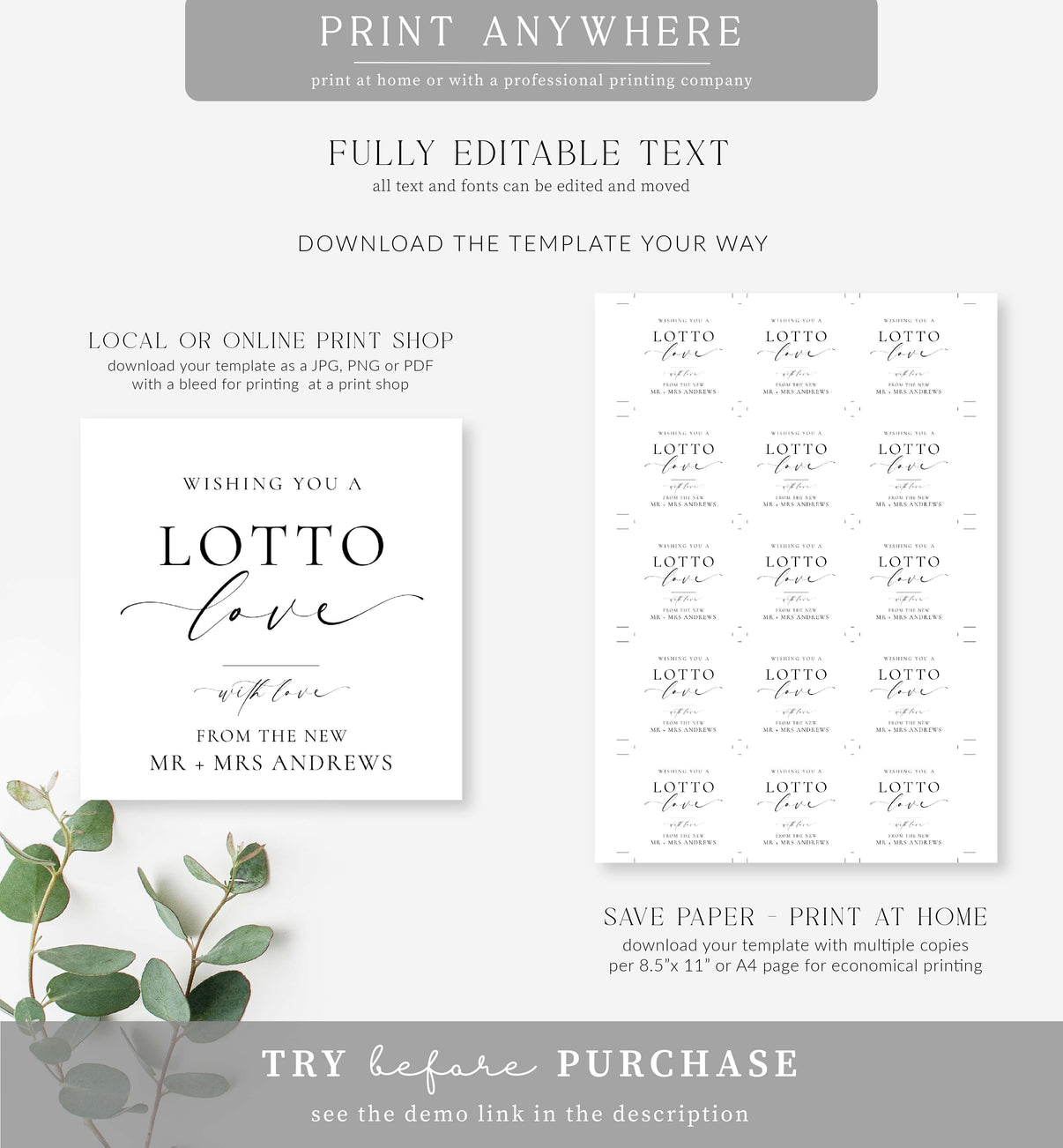 Ellesmere White | Printable Lotto Love Favour Tag Template – Black Bow ...