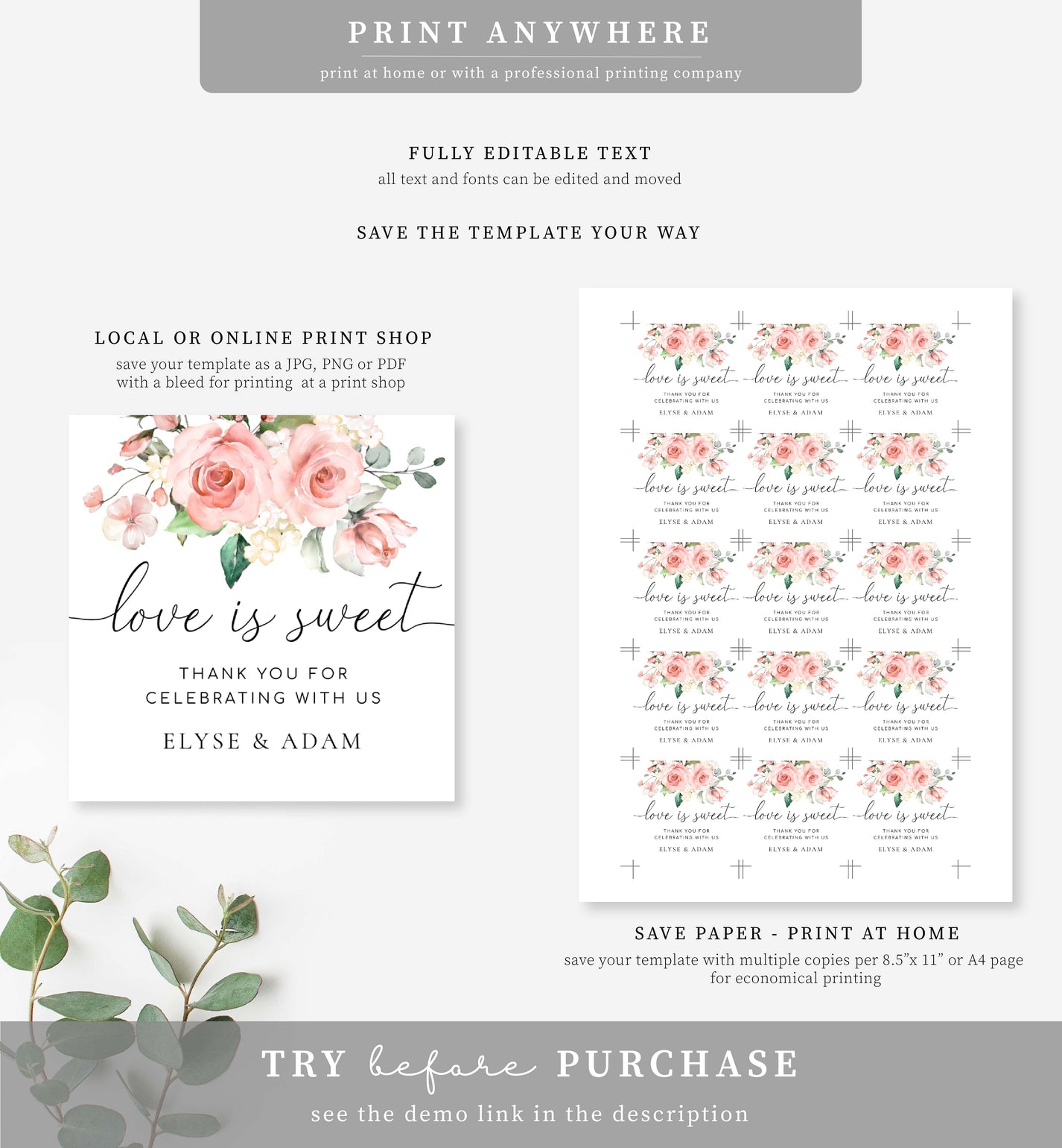 Darcy Floral Pink | Printable Love Is Sweet Favour Tag Template – Black ...