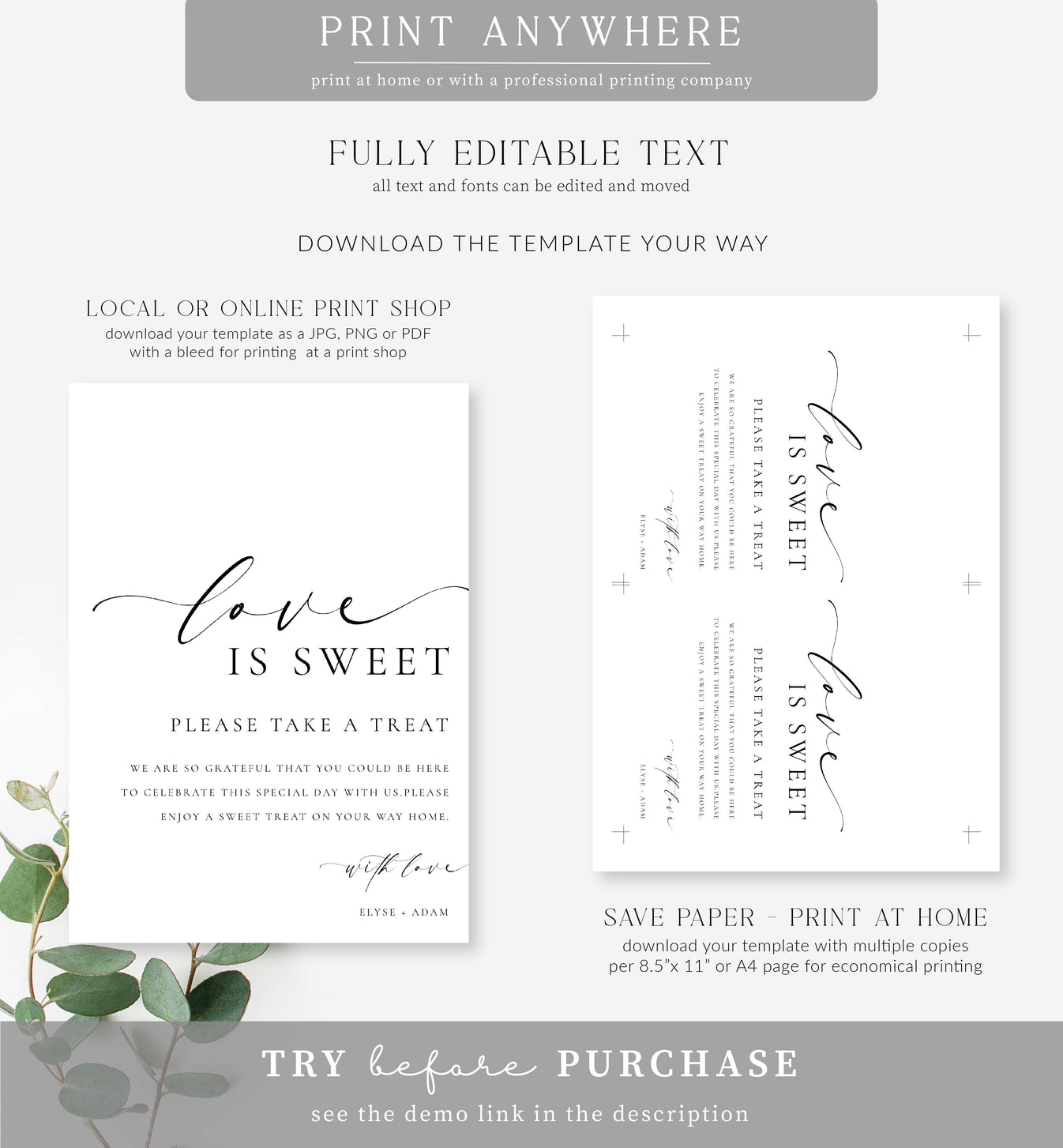 Ellesmere White | Printable Love Is Sweet Sign Template – Black Bow Studio