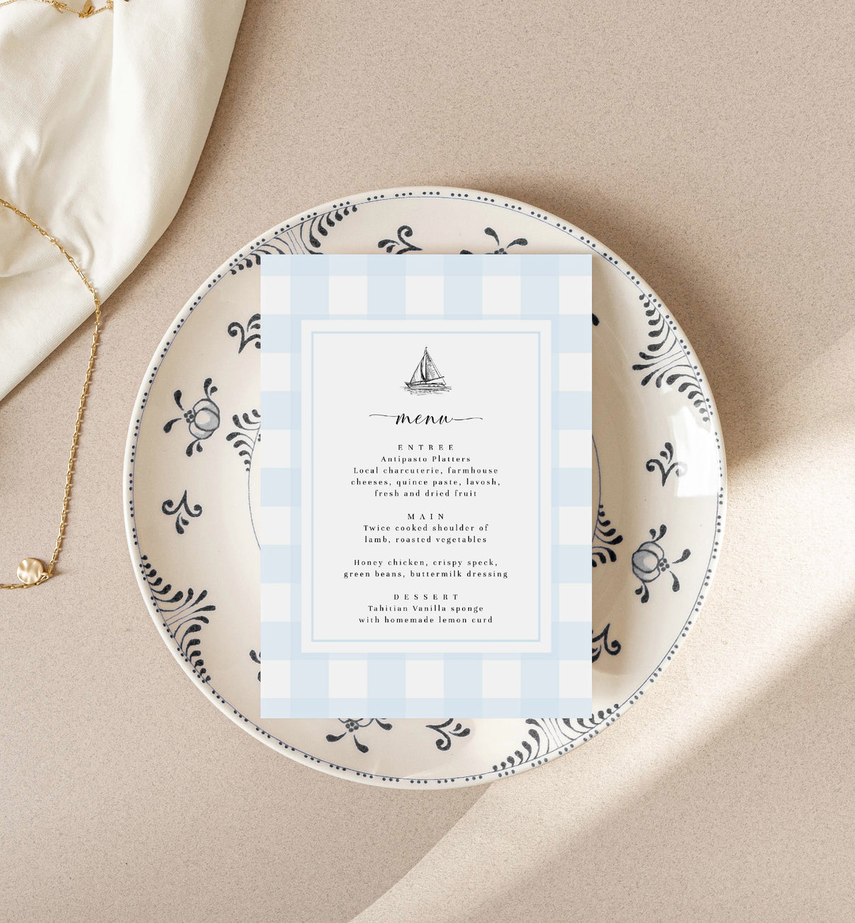 Gingham Blue Sailing Boat | Printable Menu Template – Black Bow Studio