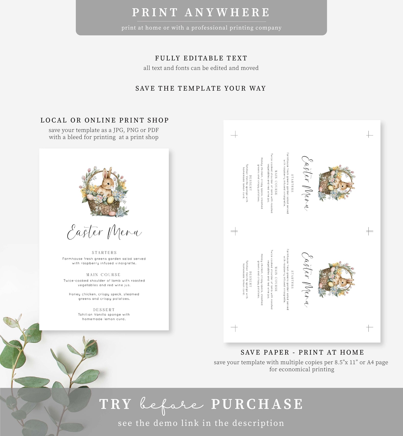 Easter White | Printable Menu Template – Black Bow Studio
