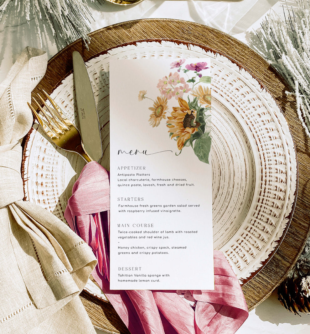 Mews Floral White | Printable Menu Template – Black Bow Studio