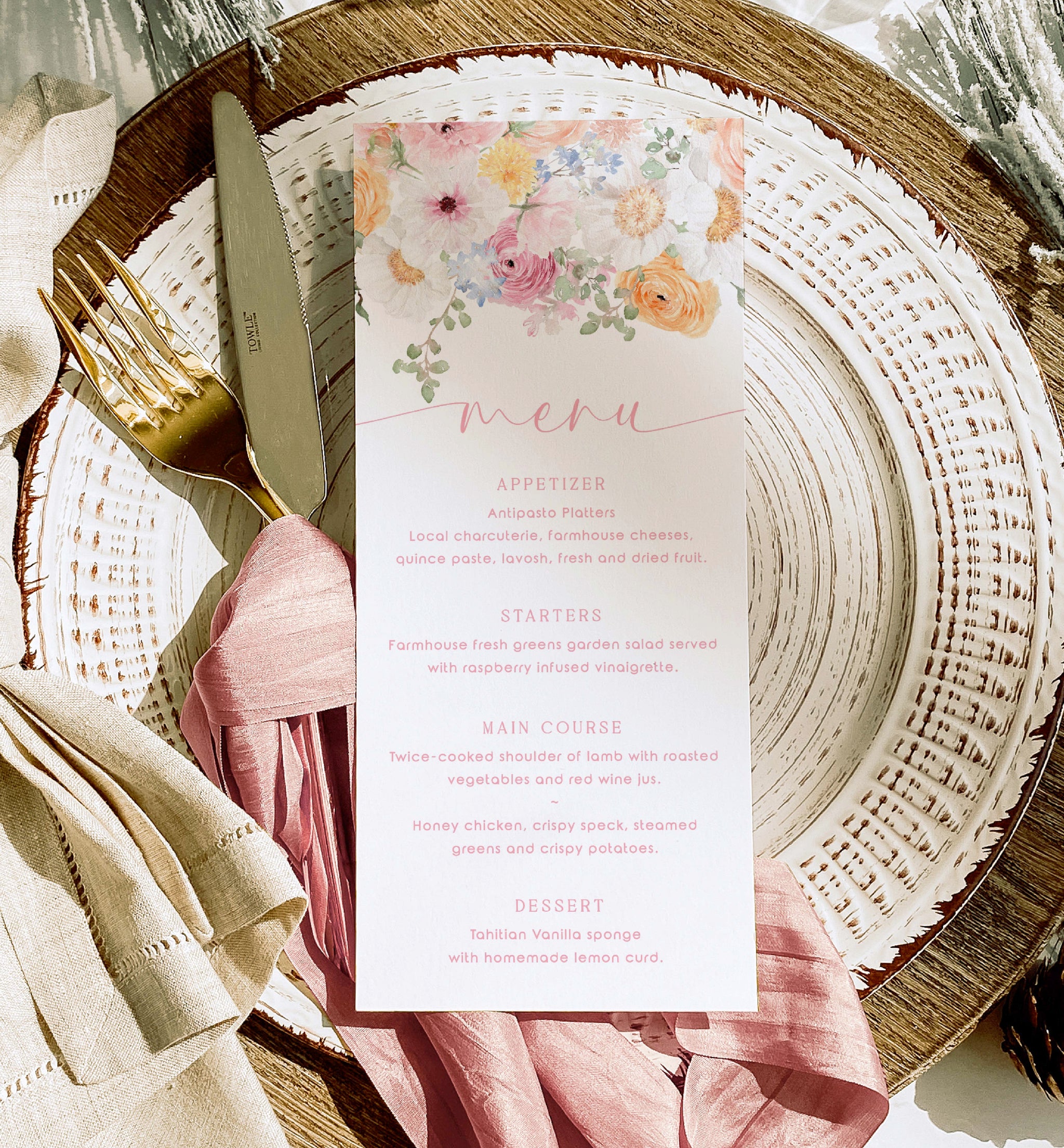 Millie Floral White | Printable Menu Template – Black Bow Studio