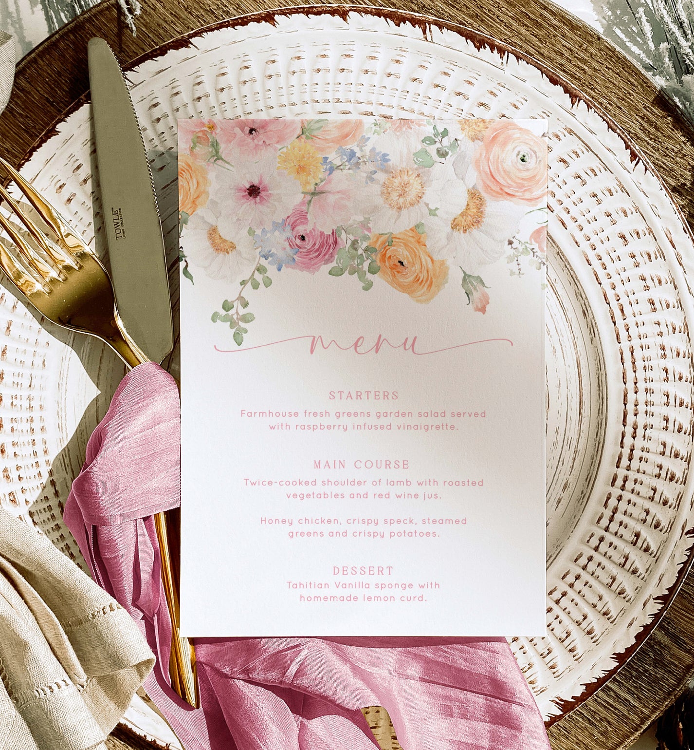 Millie Floral White | Printable Menu Template – Black Bow Studio