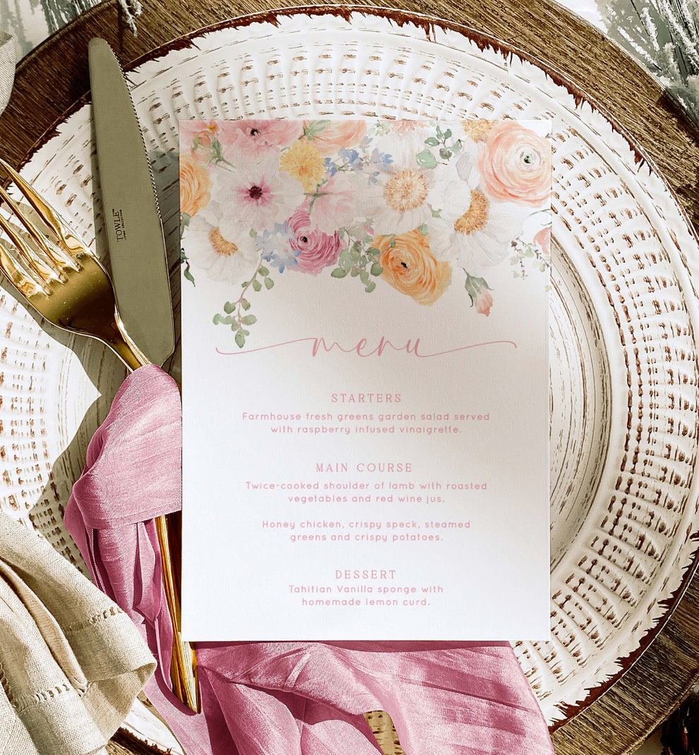 Millie Floral White | Printable Menu Template – Black Bow Studio