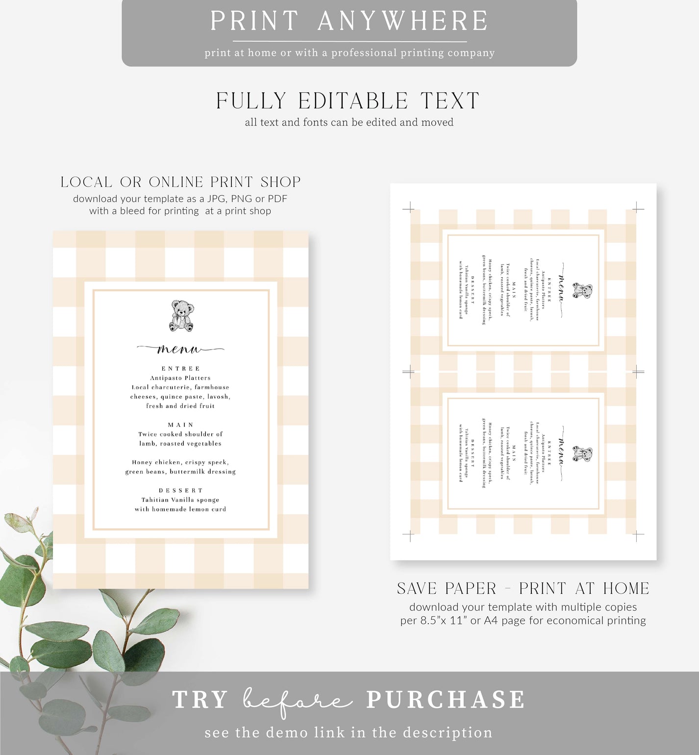 Gingham Tan Teddy Bear | Printable Menu Template – Black Bow Studio