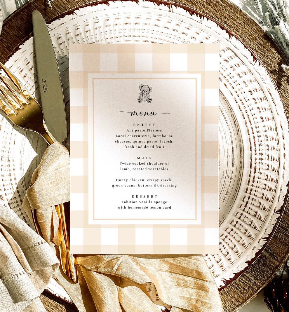 Gingham Tan Teddy Bear | Printable Menu Template – Black Bow Studio