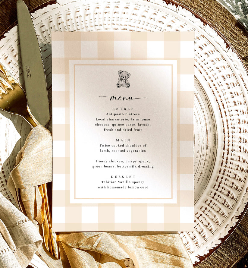 Gingham Tan Teddy Bear | Printable Menu Template – Black Bow Studio