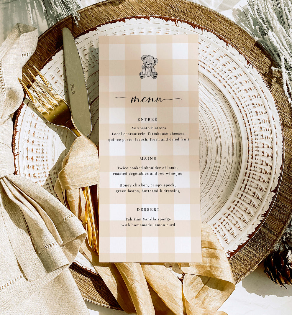 Gingham Tan Teddy Bear | Printable Menu Template – Black Bow Studio