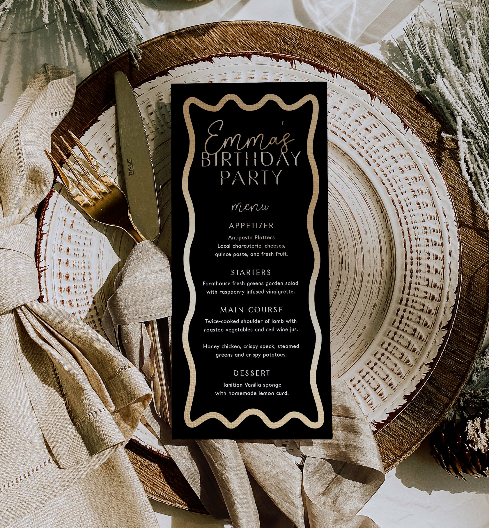 Wave Black Gold | Printable Menu Template – Black Bow Studio