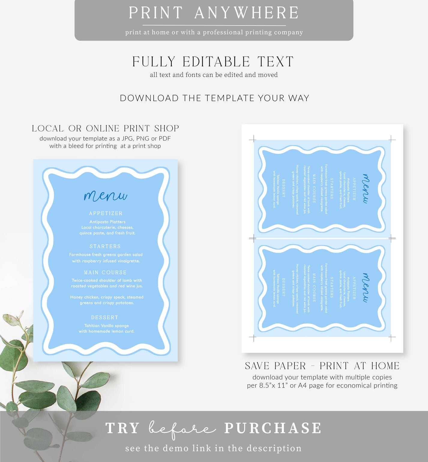 Wave Blue | Printable Menu Template – Black Bow Studio