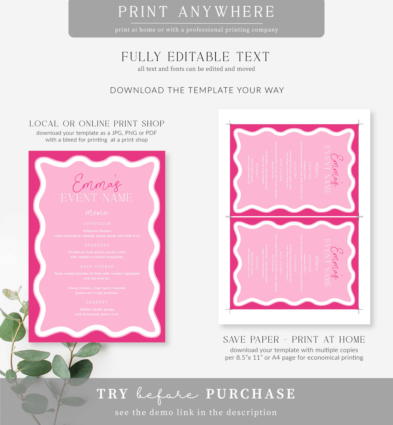 Wave Hot Pink| Printable Menu Template – Black Bow Studio