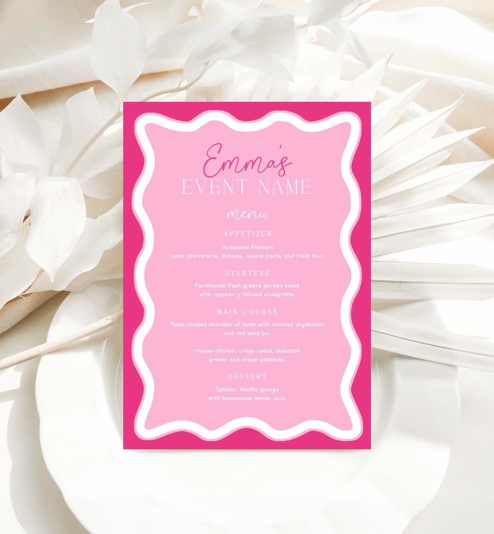 Wave Hot Pink| Printable Menu Template – Black Bow Studio