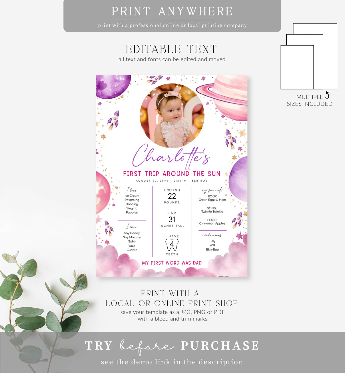 Space Purple | Printable First Birthday Milestone Sign Template – Black ...