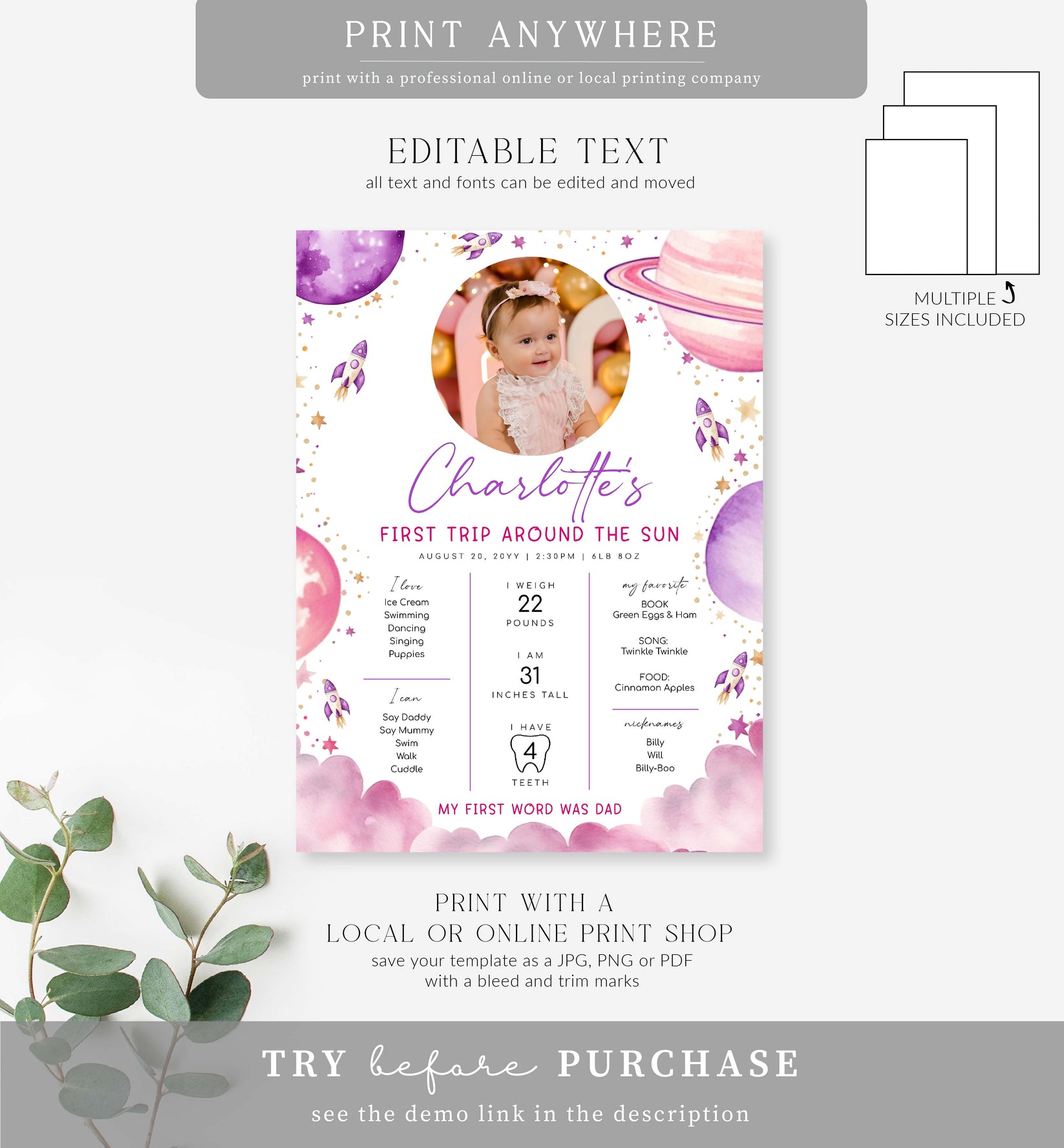 Space Purple | Printable First Birthday Milestone Sign Template – Black ...