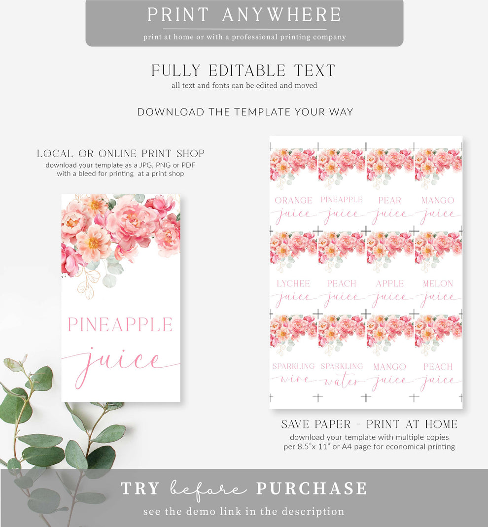 Piper Floral Pink | Printable Momosa Bar Sign and Juice Tags Template ...
