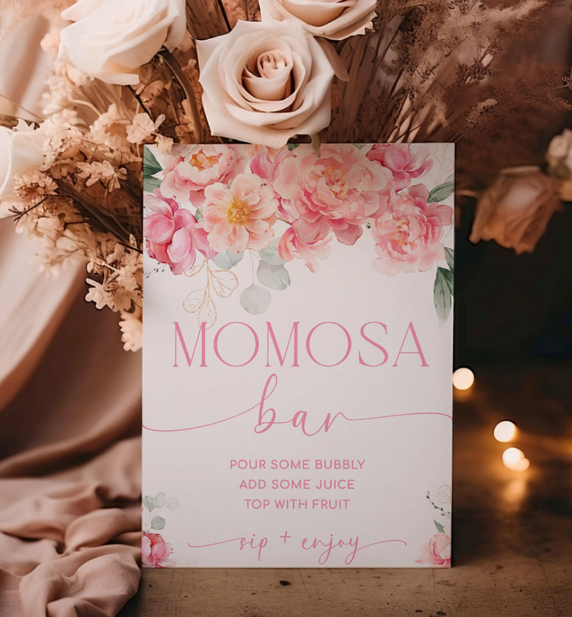 Piper Floral Pink | Printable Momosa Bar Sign and Juice Tags Template ...
