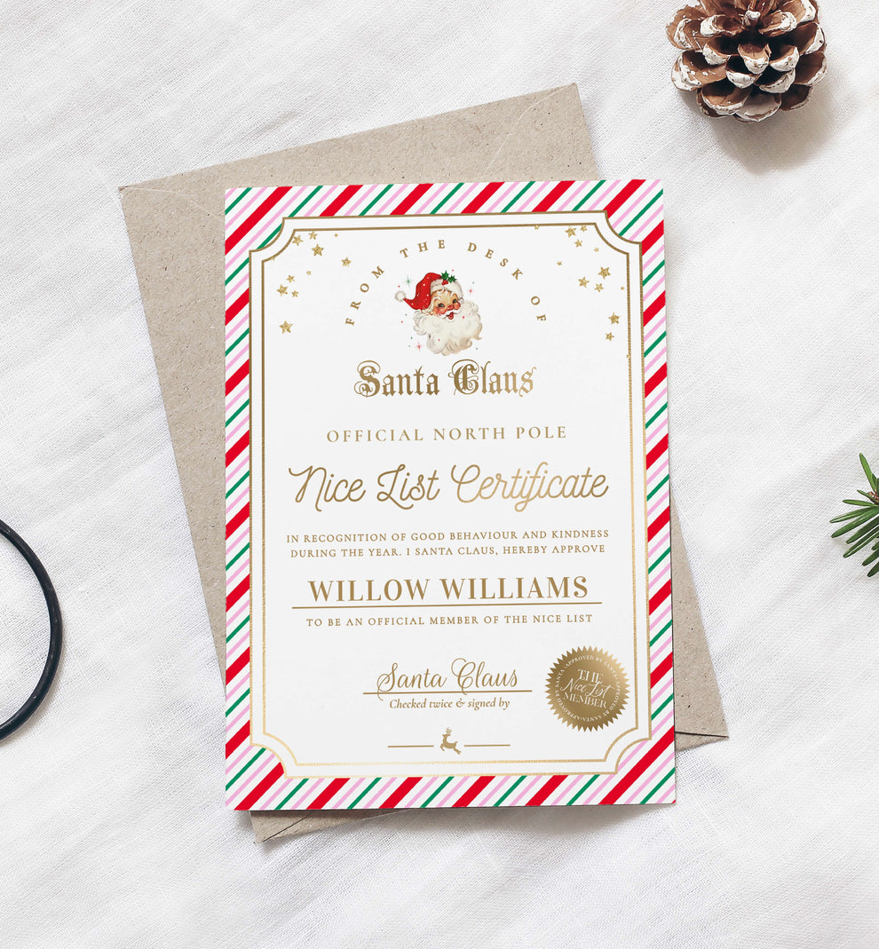 Santa's Workshop Pink Multi | Printable Christmas Nice List Certificat ...