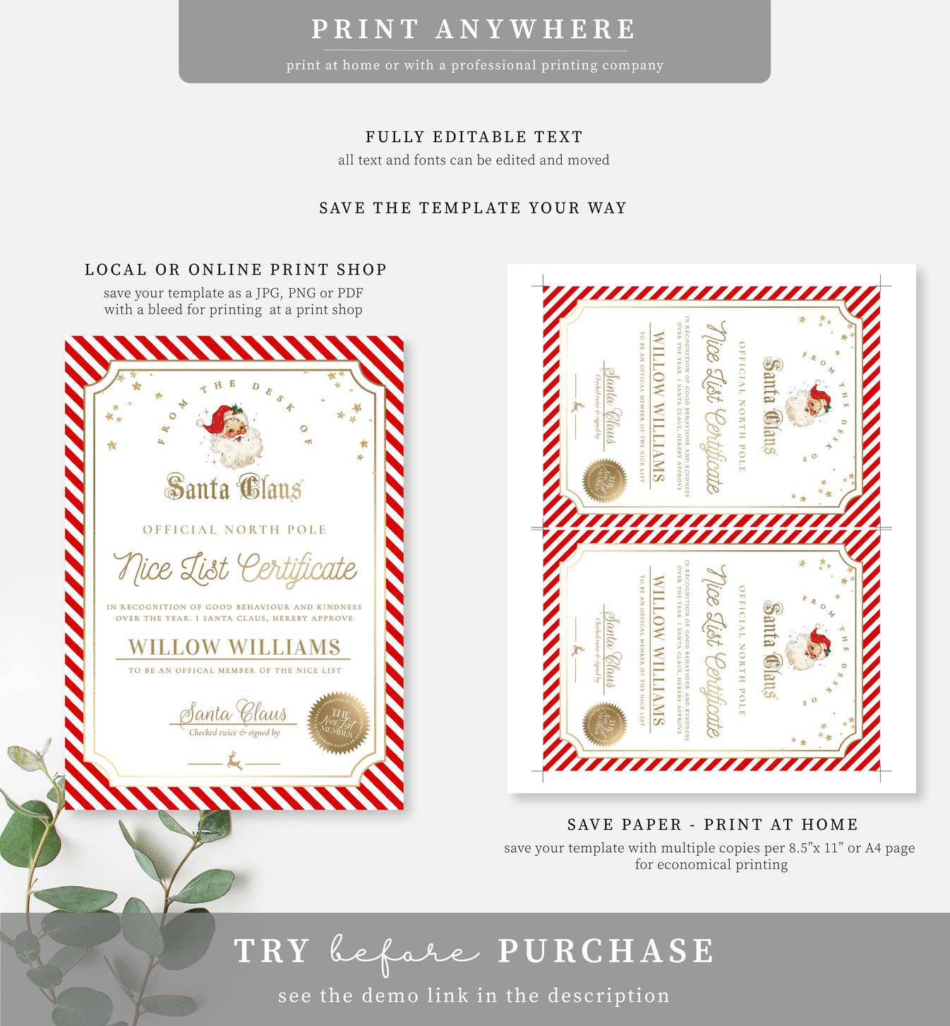 Santa's Workshop Red | Printable Christmas Nice List Certificate Templ ...
