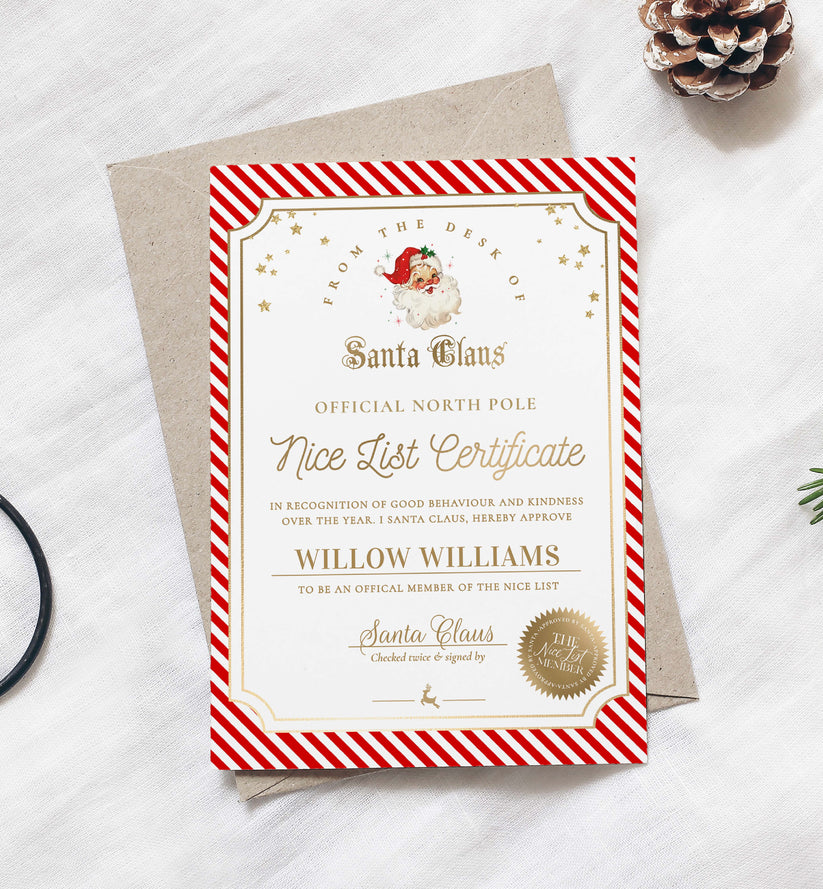 Santa's Workshop Red | Printable Christmas Nice List Certificate Templ ...